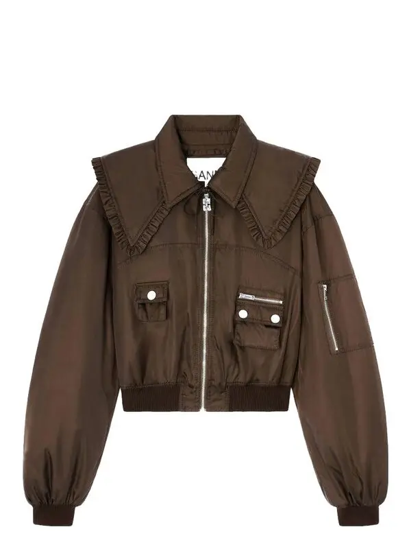 GANNI Bomber Jacket With Removable Ruffled Collar - Brown