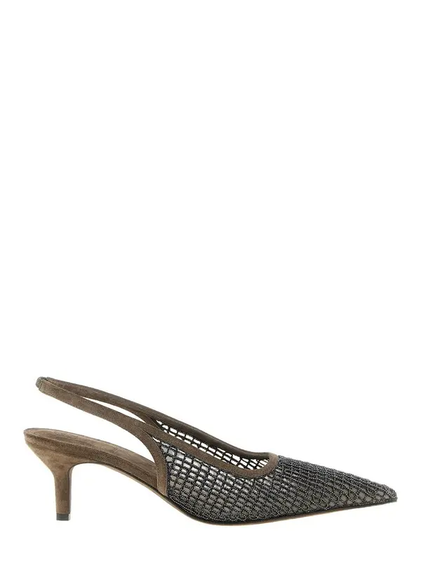 Brunello Cucinelli City" Mesh Slingback With Precious Net Embroidery - Brown