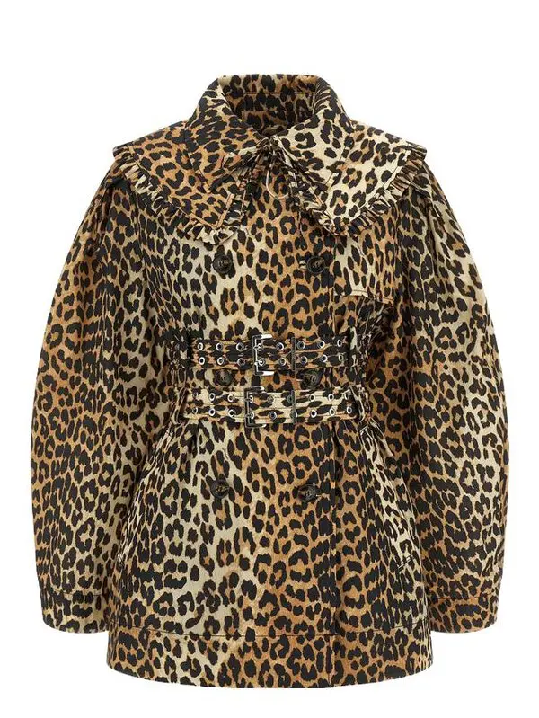 GANNI Leopard Print Trench Coat With Removable Ruffle Lapel - Brown
