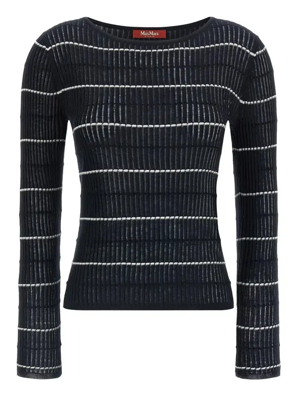 Max Mara Flat Ribbed Wool And Silk Sweater With Contrast Stripes - Blue