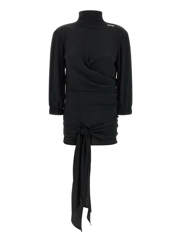 Attico Sash Detail High Neck 3/4 Sleeve Top - Black