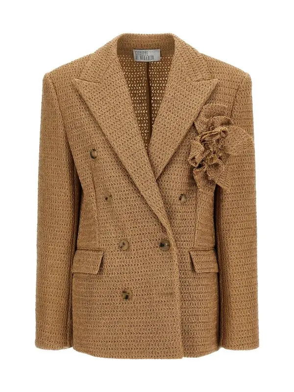 Giuseppe Di Morabito Braided Raffia Double-breasted Blazer With Flower Brooch - Cream