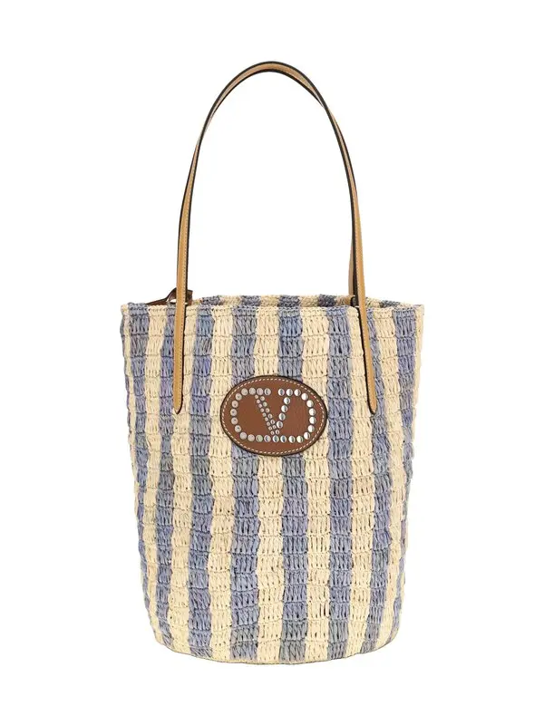 Valentino Garavani Striped Raffia Bucket Bag - Blue