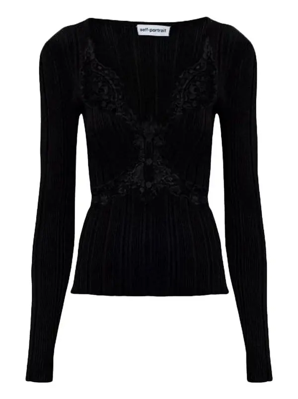SELF-PORTRAIT Lace Trimmed Ribbed Knit Top - Multicolor