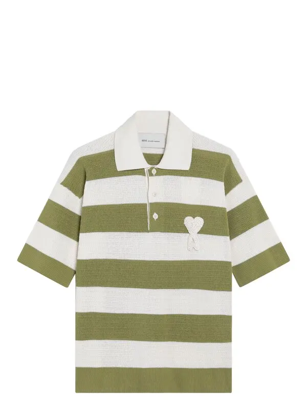 Ami Striped Cotton Knit Polo Shirt - White