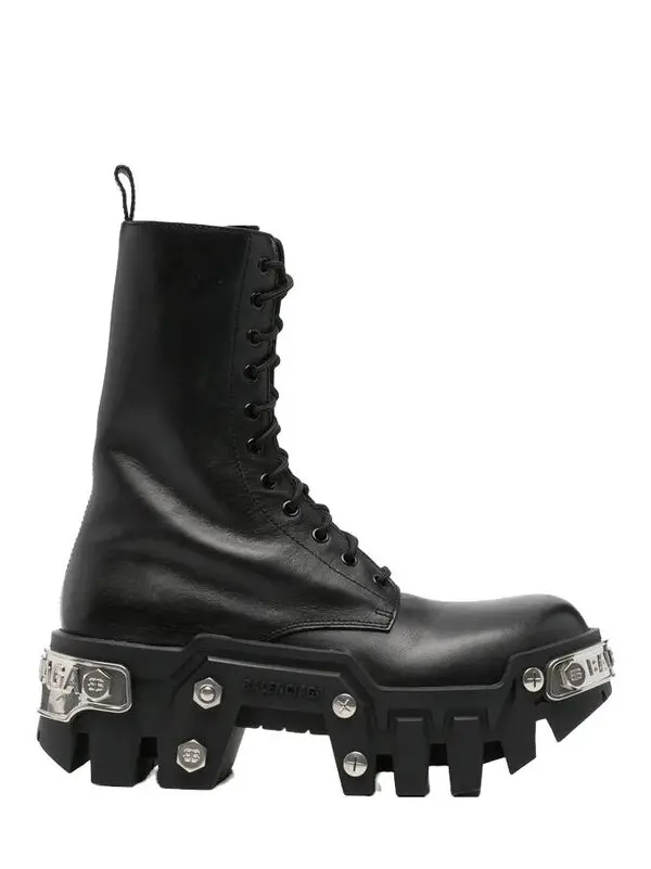 Balenciaga Leather Lace-up Combat Boots With Silver-tone Hardware - Black