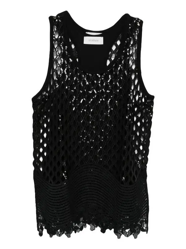 Sportmax Sequin Embellishment Open Knit Scoop Neck Sleeveless Top - Black