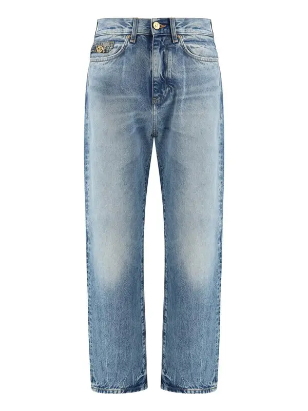 Versace Distressed Light Wash Denim Jeans With Medusa Emblem - Blue