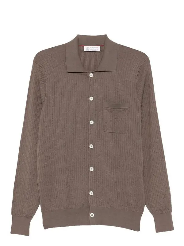 Brunello Cucinelli Ribbed Knit Cardigan With Spread Collar - Brown