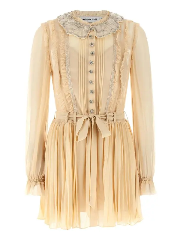 SELF-PORTRAIT Pleated Georgette Mini Dress With Jewel Collar - Yellow