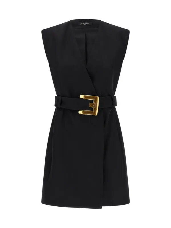 Balmain Wrap Dress With Gold Tone Buckle - Black