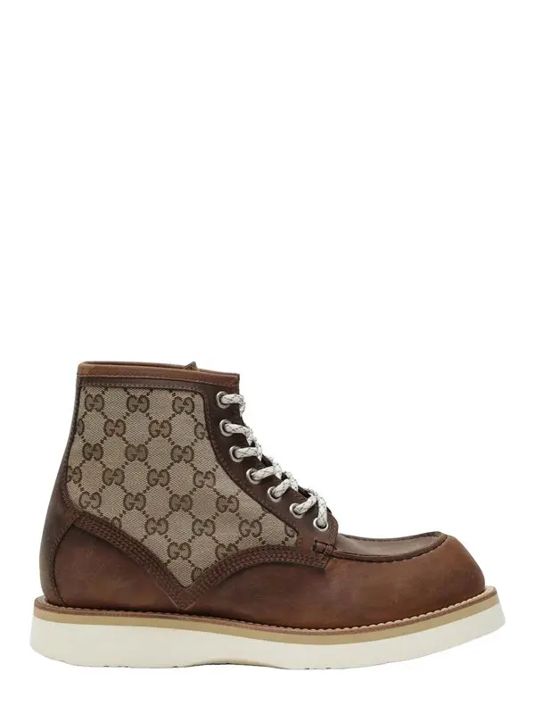 Gucci Calf Leather And Canvas Lace-up Boots - Cream