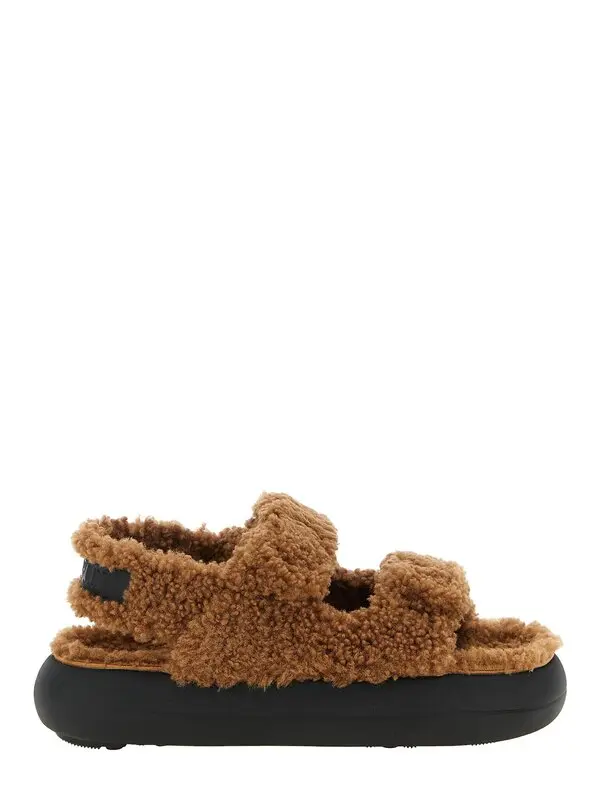 Moon Boot Shearling Sandals With Embossed Logo - Brown