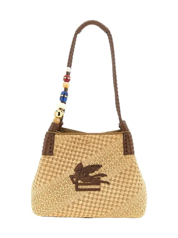 Etro Small 'libra' Shopping Bag In Woven Raffia With Leather Details - Cream