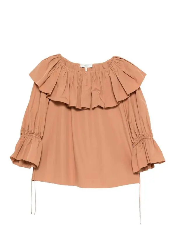 Chloé Ruffled Cotton Long Sleeve Blouse - Brown