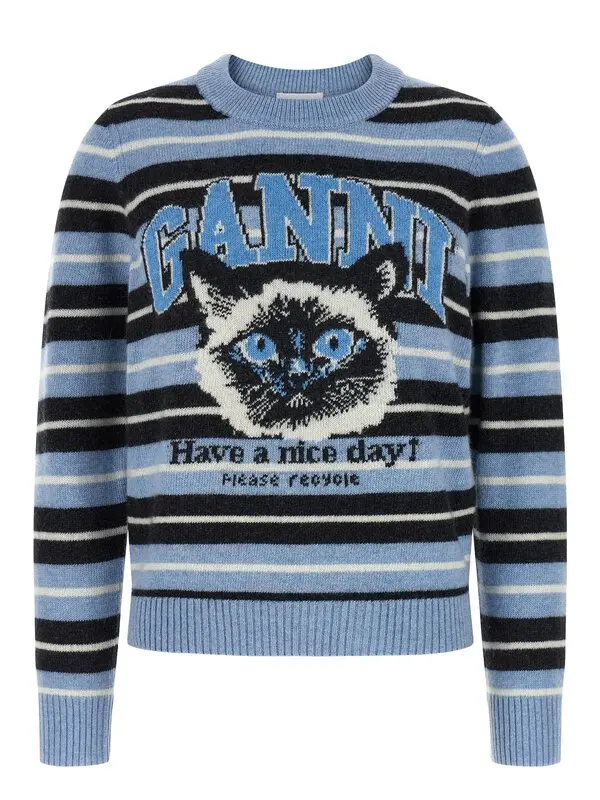 GANNI Graphic Wool Striped Sweater - Blue