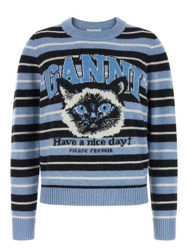 GANNI Graphic Wool Striped Sweater - Blue