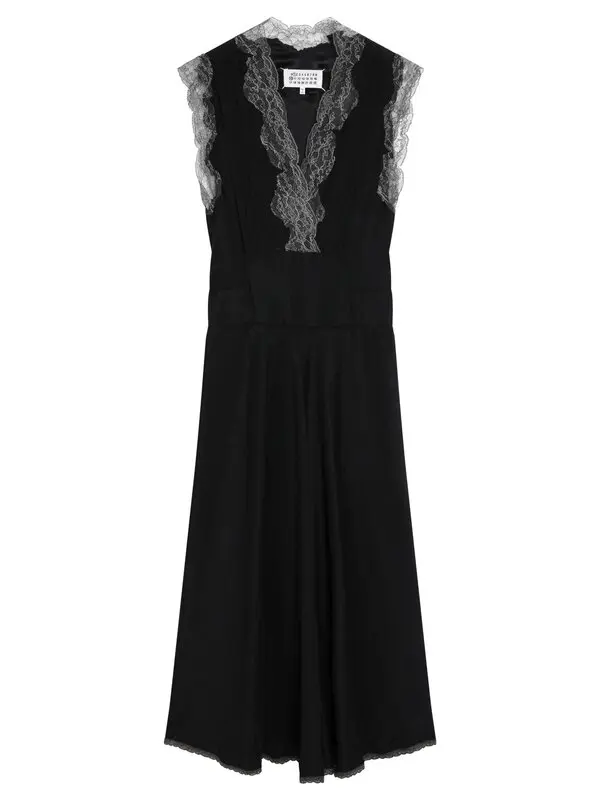 MAISON MARGIELA Silk Midi Dress With Lace Trim - Black
