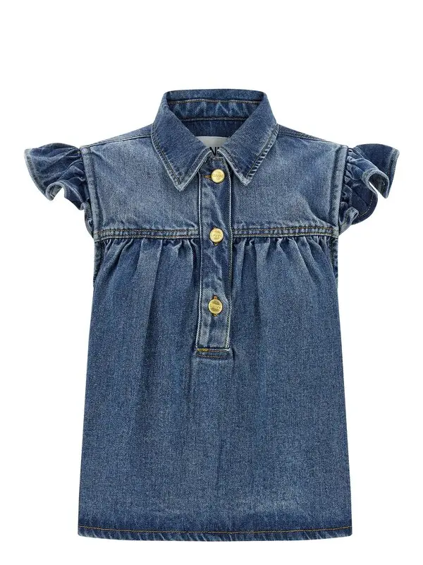 GANNI Denim Ruffle Top - Blue