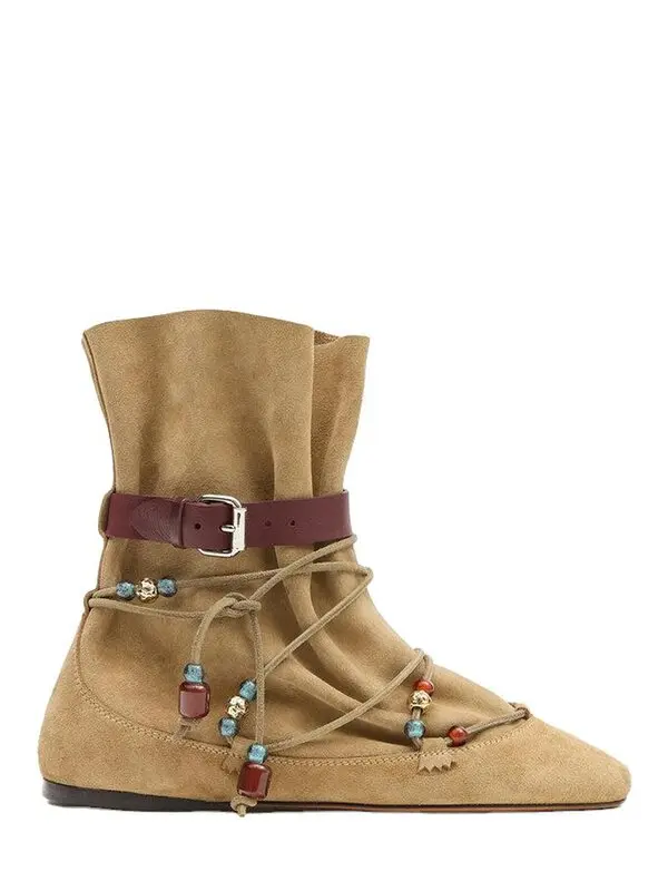 Isabel Marant Étoile Light Brown Suede Flat Boots With Beaded Ankle Straps - Cream