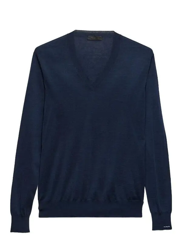 Prada Ribbed Knit V-neck Jumper - Blue