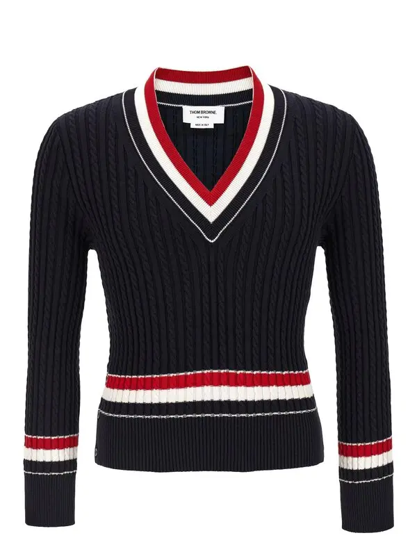 Thom Browne Rwb Intarsia V-neck Sweater - Blue