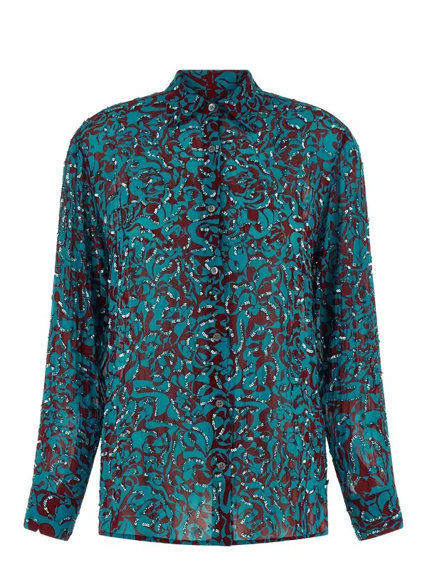 Dries Van Noten Clavelly Printed Sequin Embellished Viscose Shirt - Blue