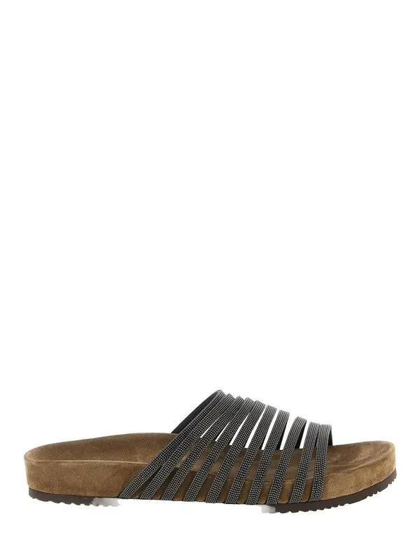 Brunello Cucinelli Suede Slides With Monile "precious Straps - Black