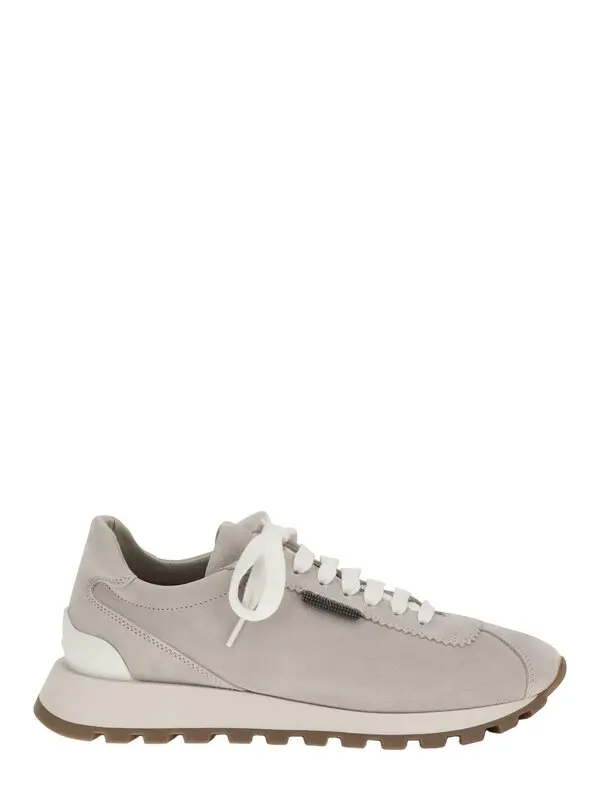 Brunello Cucinelli Suede Lace-up Sneakers With Embellishments - Gray