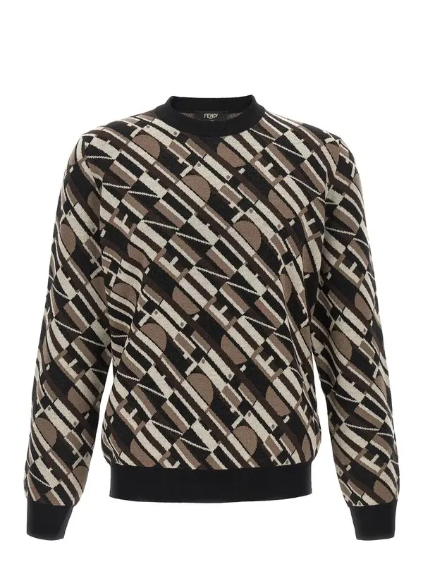 Fendi Jacquard Geometric Pattern Crewneck Sweater - Brown