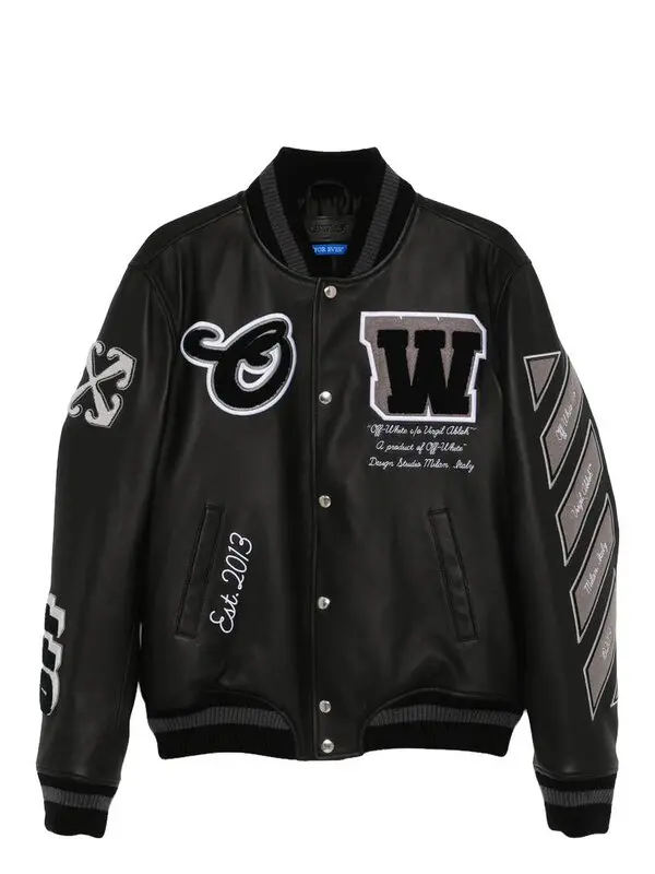 Off-White Leather Bomber Jacket With Logo Appliqu - Black