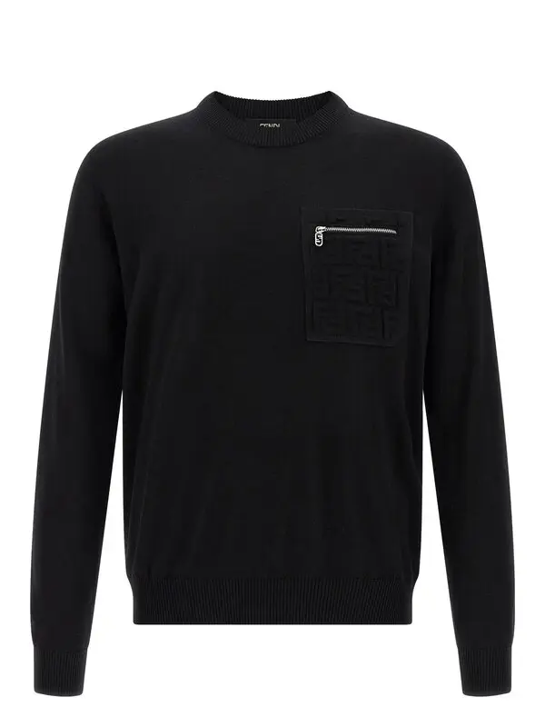 Fendi Wool Sweater With Embossed Ff Logo Pocket - Black