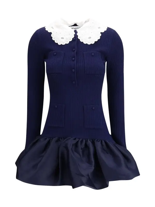 SELF-PORTRAIT Knit Taffeta Mini Dress - Blue