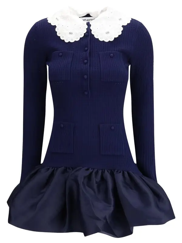 SELF-PORTRAIT Knit Taffeta Mini Dress - Blue