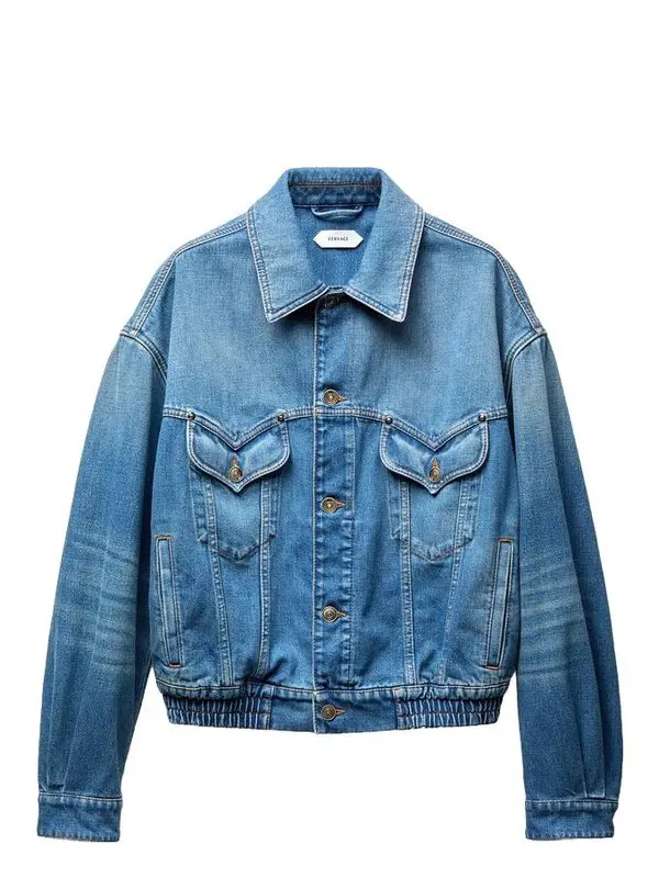Versace Denim Jacket With Embossed Logo And Medusa Hardware - Blue