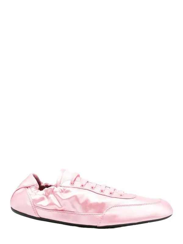 Prada Gathered Detail Lace-up Round Toe Flat Sole Sneakers - Pink