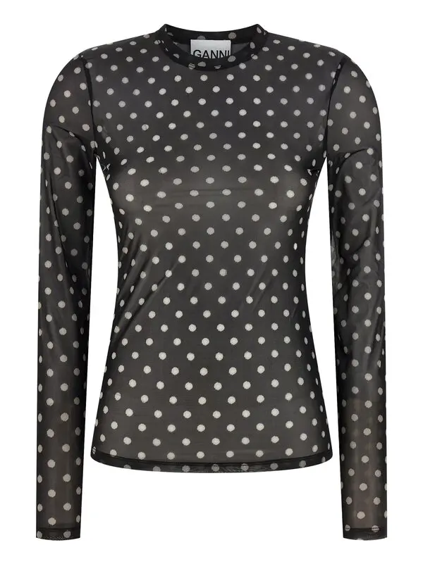 GANNI Printed Sheer Crew Neck Long Sleeve Sweater - Black