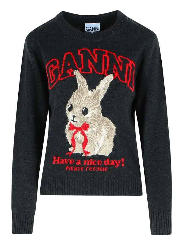 GANNI Phantom" Grey Wool Blend Sweater With Puppy Pattern - Gray