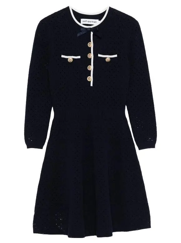 SELF-PORTRAIT Navy Long Sleeve Scalloped Trim Dress - Blue