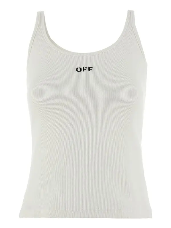 Off-White Ribbed Stretch Cotton Top With Contrast Logo - White