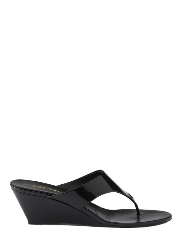 Prada Patent Leather Thong Wedge Sandals - Black