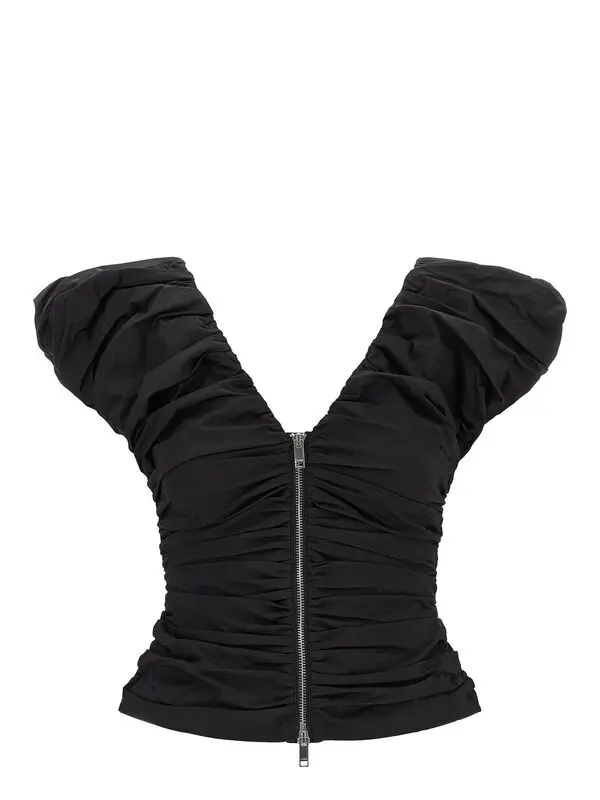 GANNI Ruched Top With V-neck And Front Zip Closure - Black