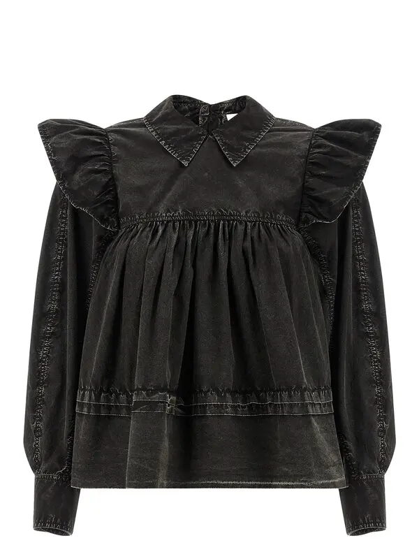 GANNI Washed Frill Cotton Blouse - Black