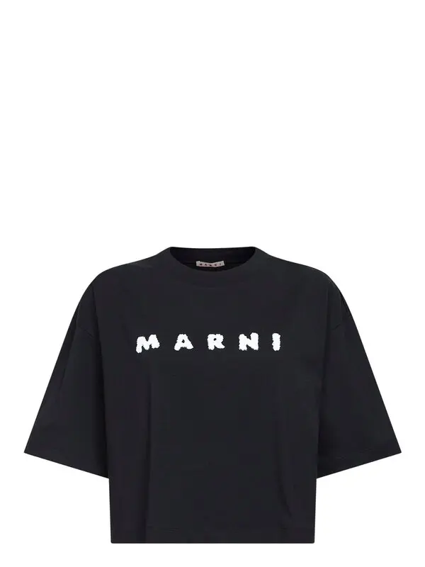 Marni Black Jersey Cropped T-shirt With Scribbled Logo - Multicolor