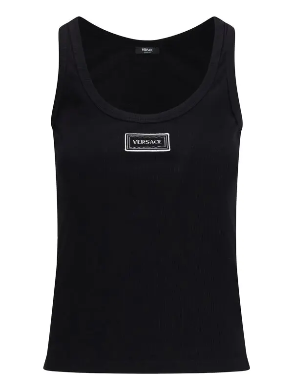 Versace Ribbed Stretch Cotton Tank Top With Logo Patch - Black
