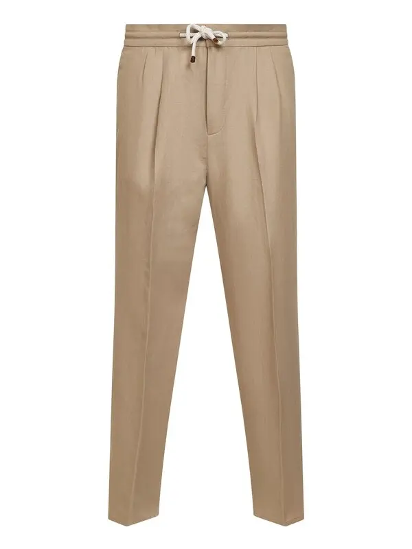 Brunello Cucinelli Taupe Linen And Cotton Drill Leisure Fit Trousers - Multicolor
