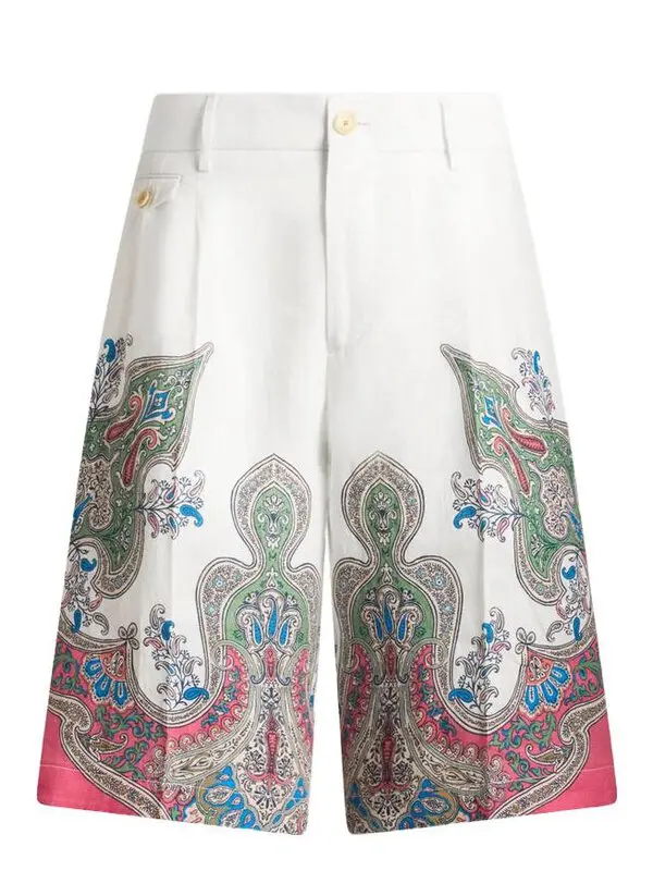 Etro Tailored Paisley Print Linen Shorts - White