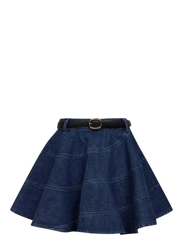 SELF-PORTRAIT Belted Flared Denim Mini Skirt - Multicolor