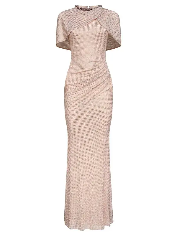 SELF-PORTRAIT Embellished Stretch Tulle Maxi Dress With Cape Detail - Multicolor