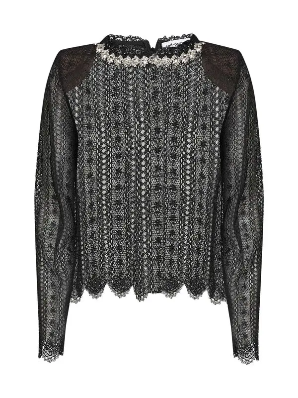 SELF-PORTRAIT Black Organza Lace Crystal-embellished Top - Multicolor
